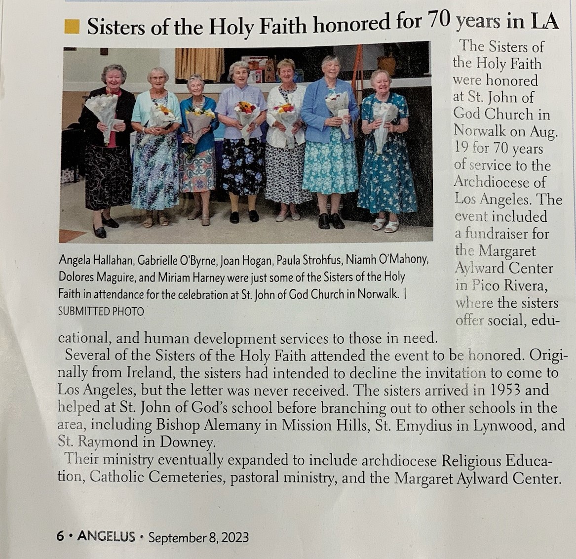 Sisters of the Holy Faith Honored – MARGARET AYLWARD CENTER